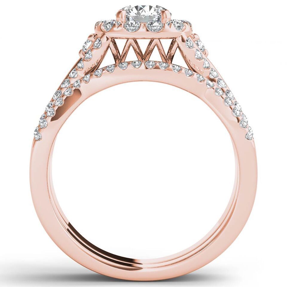 Rose Gold Diamond Halo Engagement Ring Set with 1 1/4ct TDW and ...